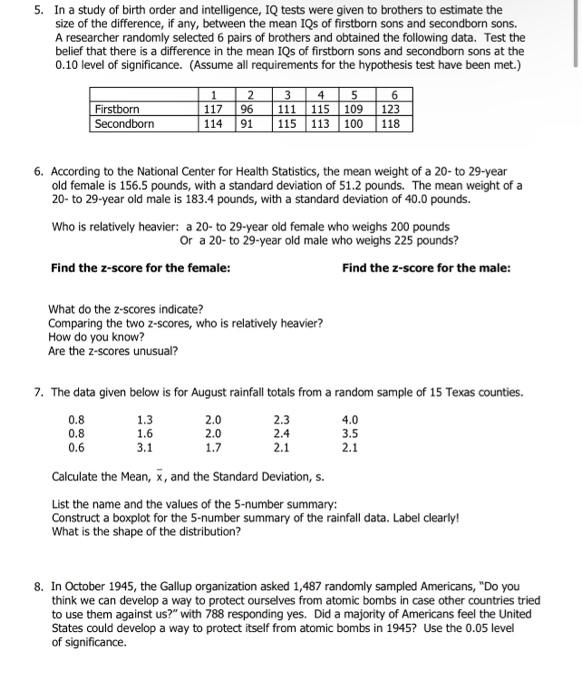 5. In a study of birth order and intelligence, IQ | Chegg.com