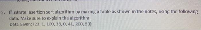 Solved 2. illustrate Insertion sort algorithm by making a | Chegg.com