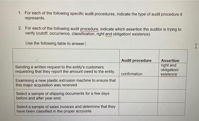 Solved 1. For each of the following specific audit | Chegg.com