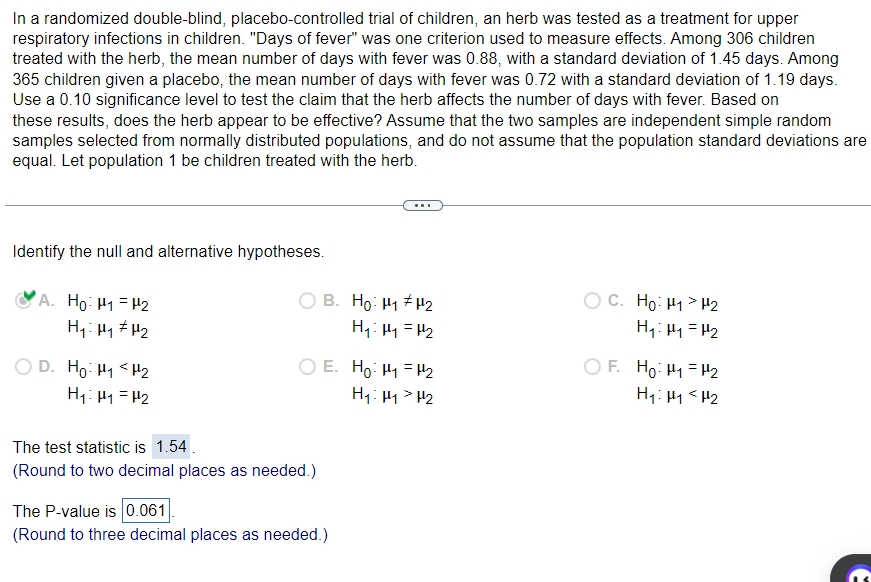 Solved In a randomized double-blind, placebo-controlled | Chegg.com