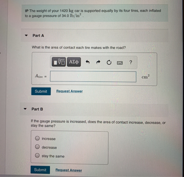 Solved IP The weight of your 1420 kg car is supported | Chegg.com
