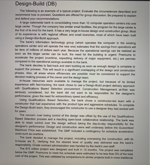 Solved Design-Build (DB) The following is an example of a | Chegg.com