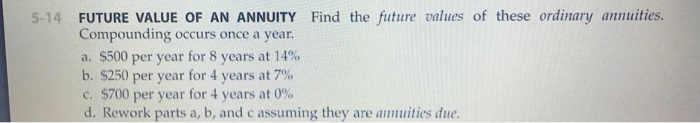 Solved 5-14 FUTURE VALUE OF AN ANNUITY Find the future | Chegg.com