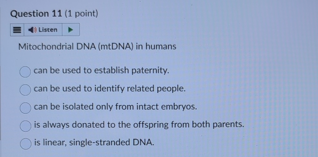 Solved Question 11 (1 ﻿point)Mitochondrial DNA (mtDNA) ﻿in | Chegg.com