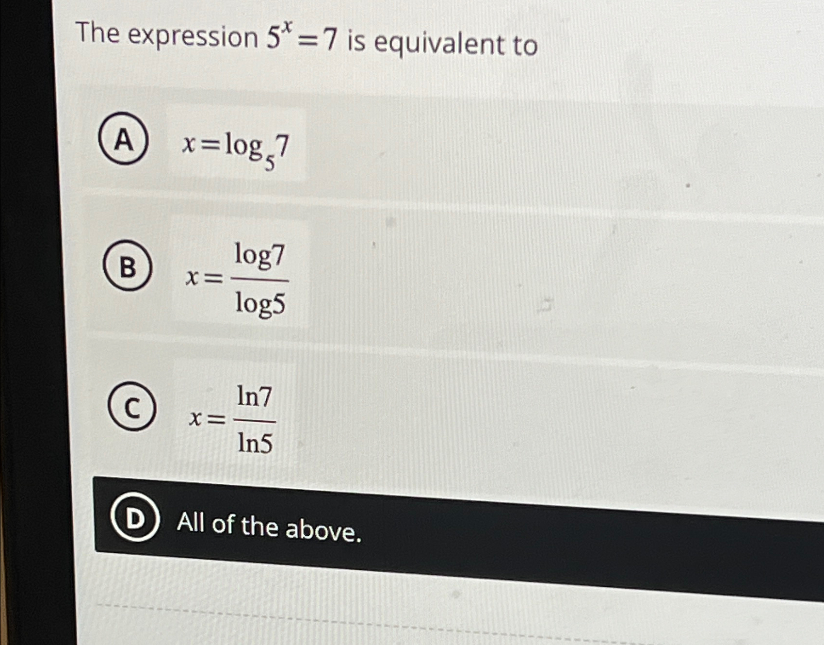 Solved The expression 5x=7 ﻿is equivalent | Chegg.com