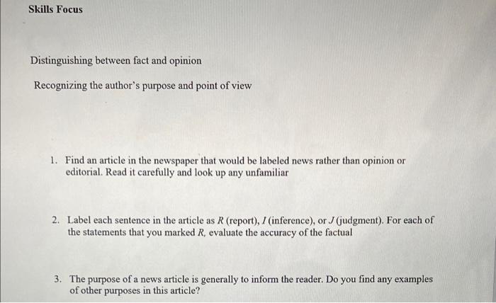Skills Focus Distinguishing between fact and opinion | Chegg.com