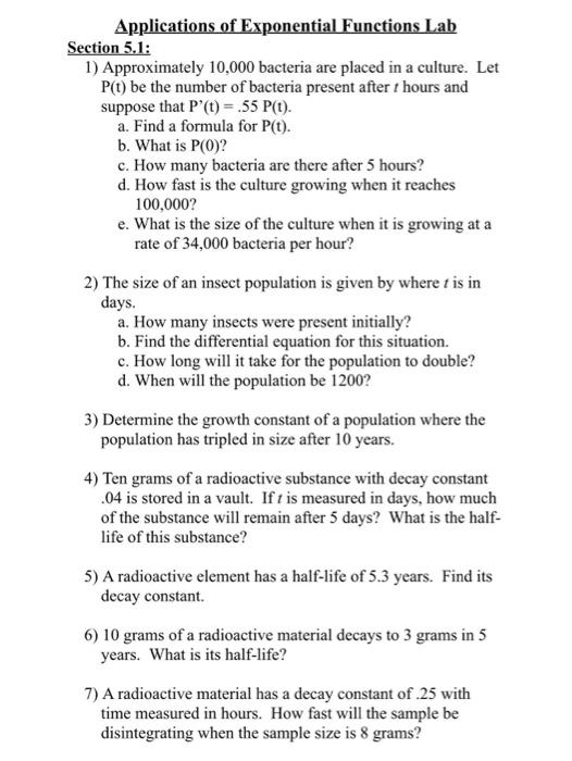 Solved Applications of Exponential Functions Lab Section | Chegg.com