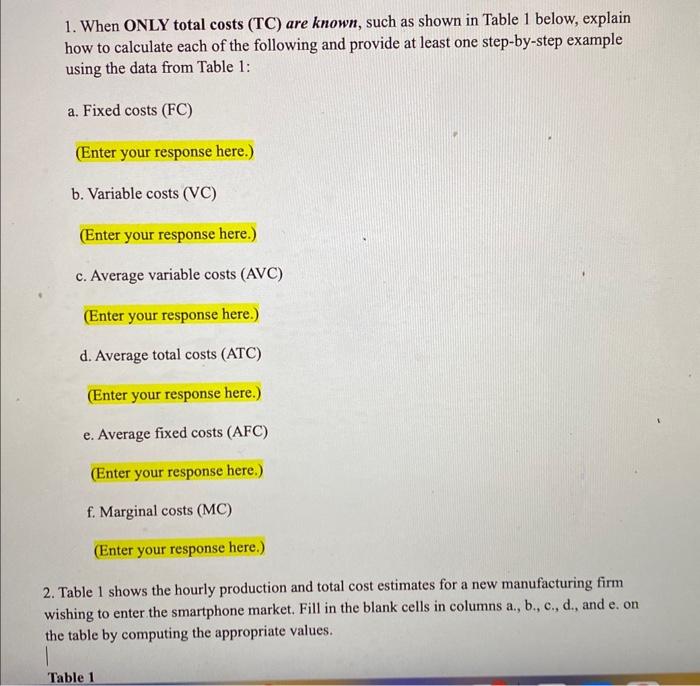 Solved 1. When ONLY total costs (TC) are known, such as | Chegg.com