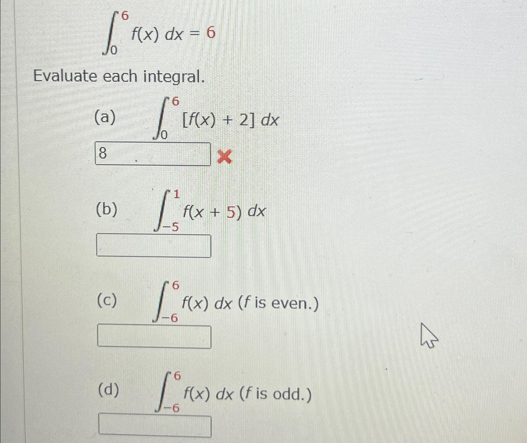 Solved ∫06f(x)dx=6Evaluate each | Chegg.com