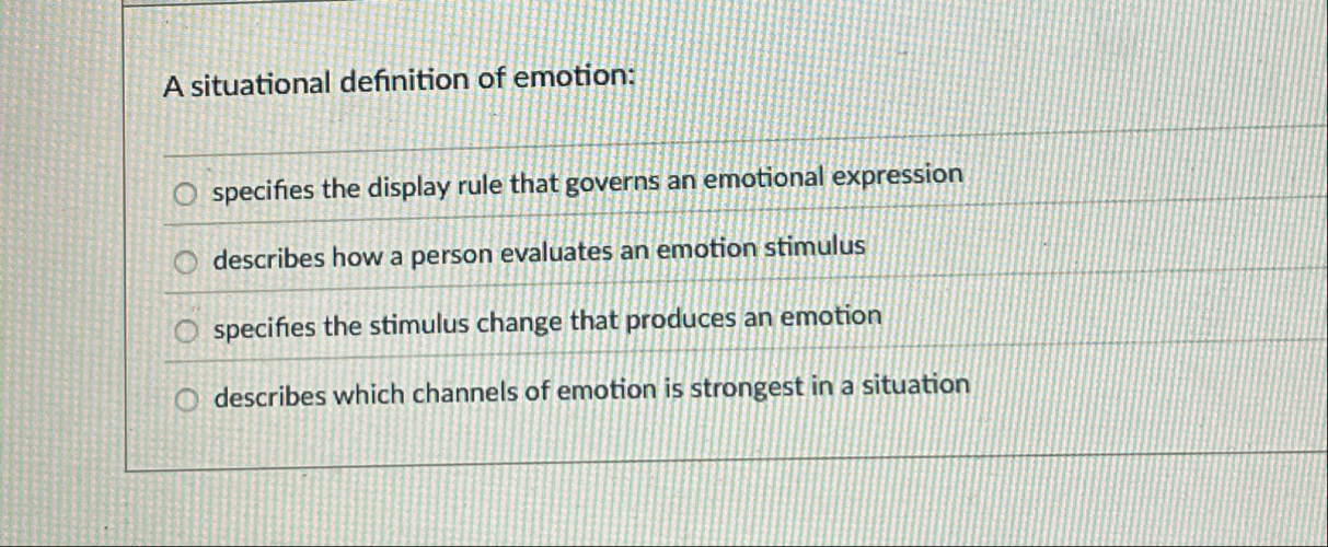 Solved A situational definition of emotion:specifies the | Chegg.com