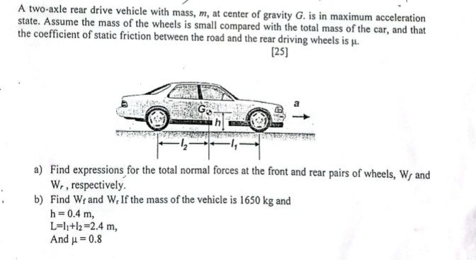 Solved A two-axle rear drive vehicle with mass, m, ﻿at | Chegg.com