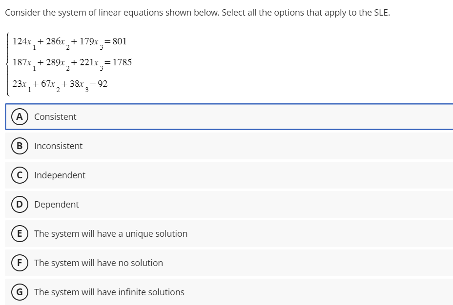 Solved Consider the system of linear equations shown below. | Chegg.com