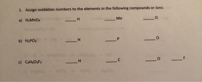 Solved 1. Assign oxidation numbers to the elements in the | Chegg.com