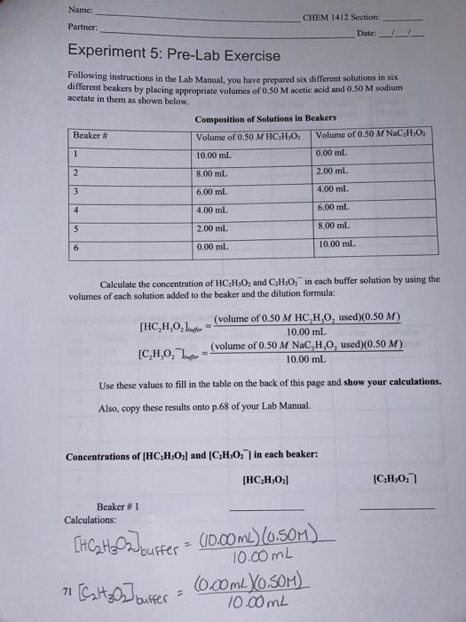 Solved Name: CHEM 1412 Section Partner: Date: Experiment 5: | Chegg.com
