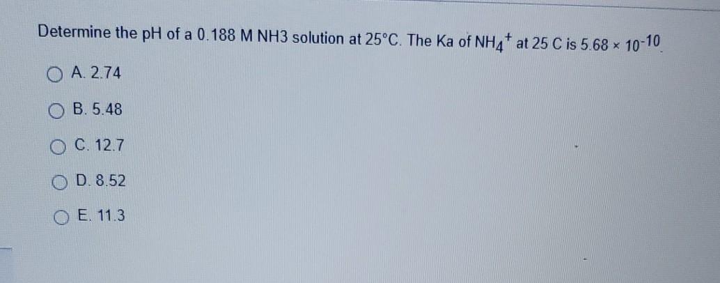 Solved Determine the pH of a 0.188 M NH3 solution at 25°C. | Chegg.com