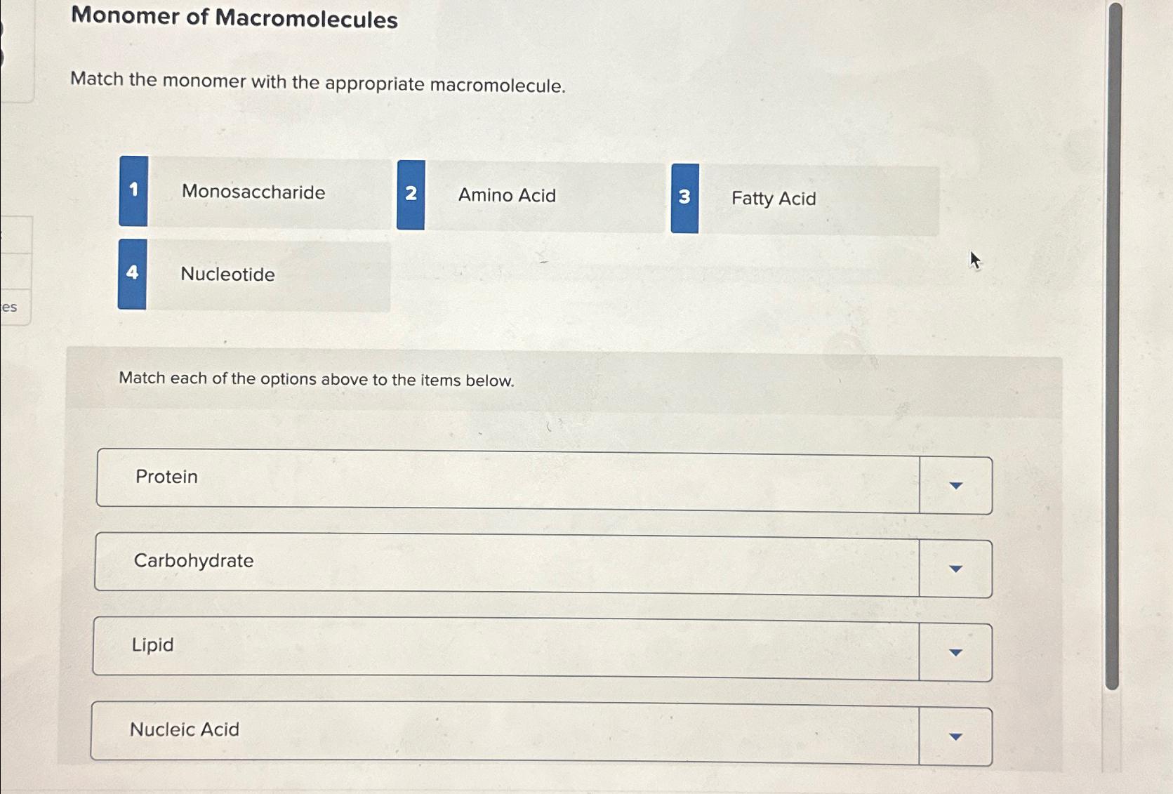 Solved Monomer of MacromoleculesMatch the monomer with the | Chegg.com