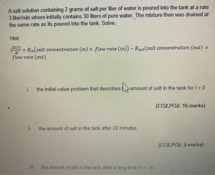 Solved A salt solution containing 2 grams of salt per liter | Chegg.com