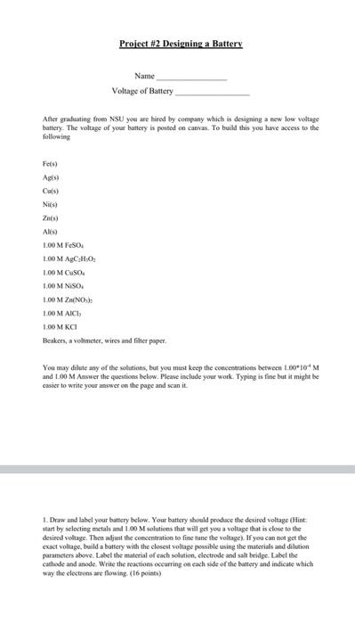 Solved Project #2 Designing a Battery Name Voltage of | Chegg.com
