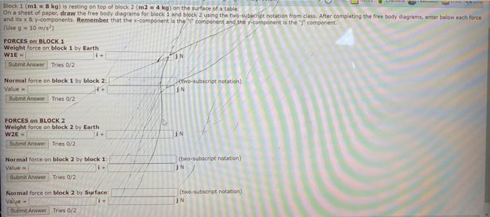 Solved Block 1 (m1 = 8 kg) is resting on top of block 2 | Chegg.com