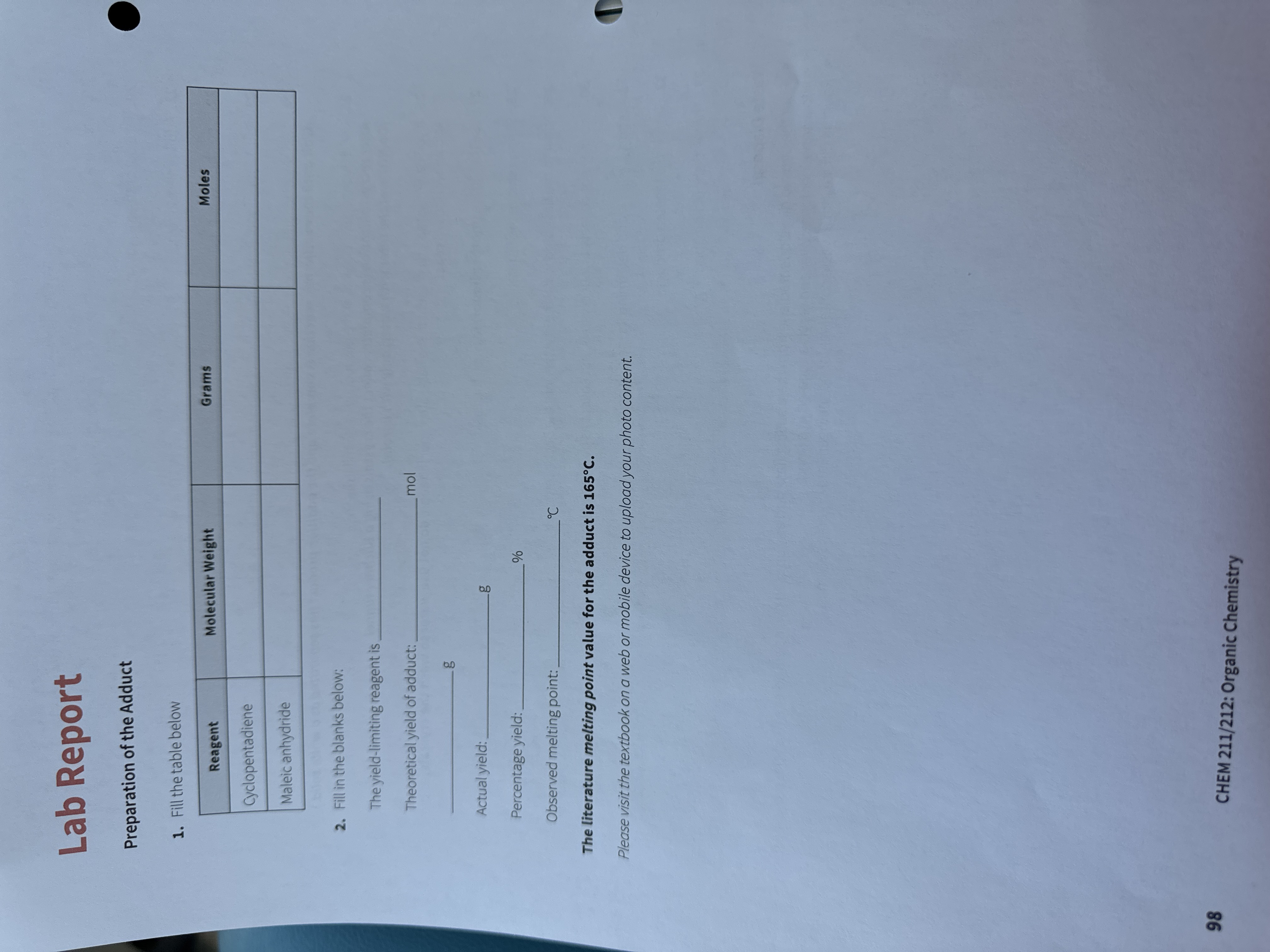 experiment 9 ﻿preparation of the adduct Lab | Chegg.com