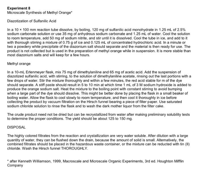 Solved Microscale Synthesis of Methyl Orange* Diazotization | Chegg.com