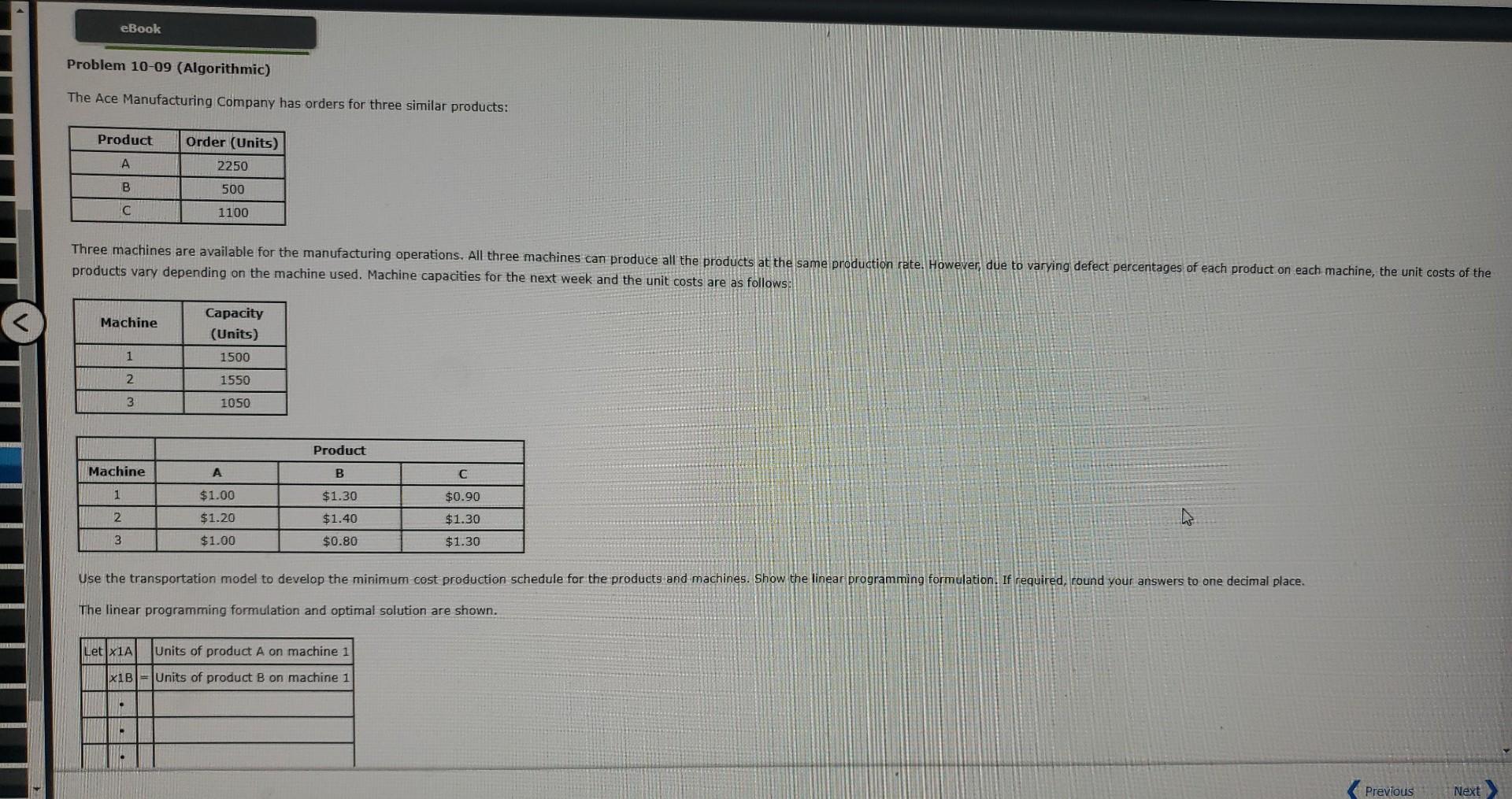 Solved Problem 10-09 (Algorithmic) The Ace Manufacturing | Chegg.com