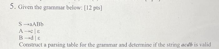 Solved 5. Given the grammar below: [12 pts] S→aABbA→c∣εB→d∣ε | Chegg.com