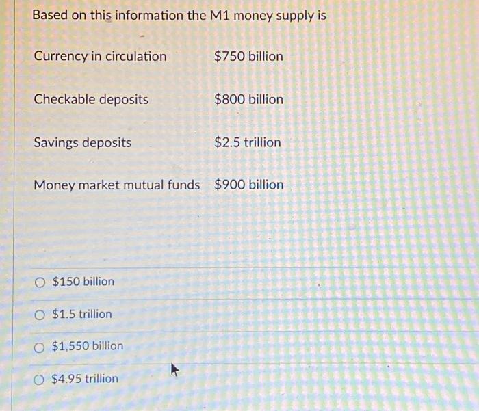 Solved Based on this information the M1 money supply is | Chegg.com