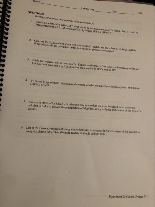 Solved Name Lab Section Date 265 QUESTIONS Submit your | Chegg.com