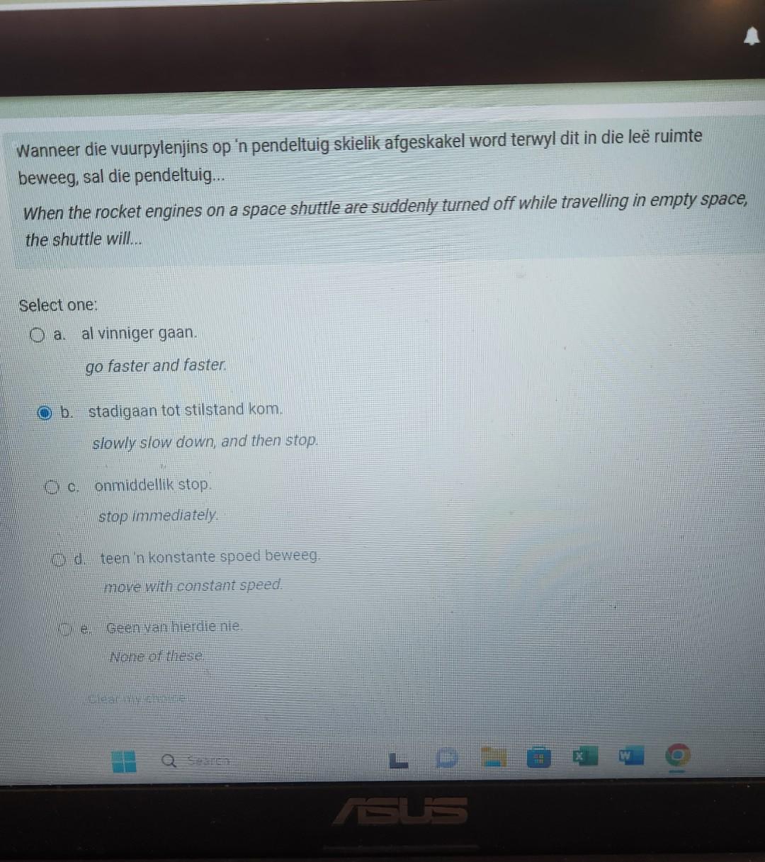 Solved Wanneer die vuurpylenjins op 'n pendeltuig skielik | Chegg.com