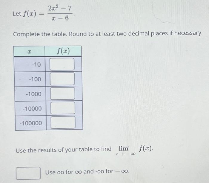 Solved Let f(x)=x−62x2−7 Complete the table. Round to at | Chegg.com