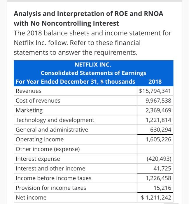 Analysis and Interpretation of ROE and RNOA with No | Chegg.com