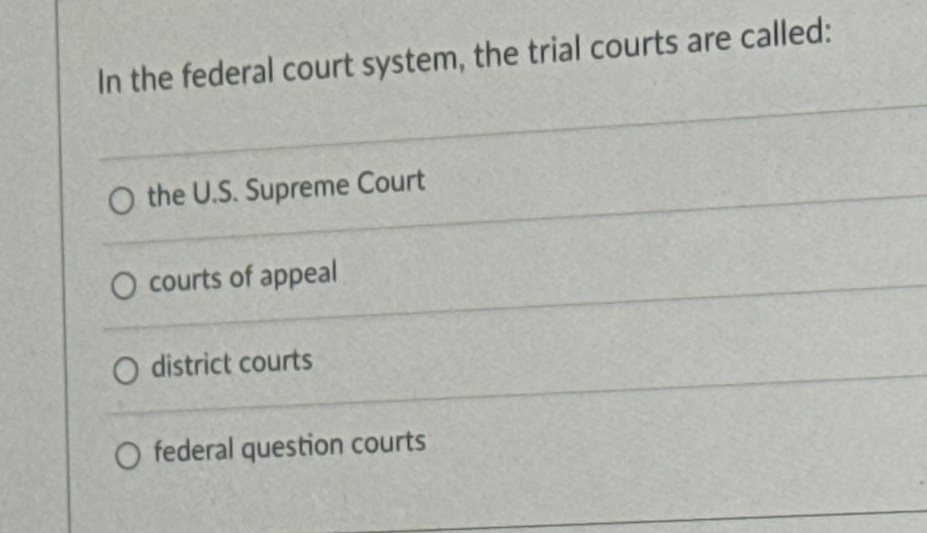 Solved In the federal court system, the trial courts are | Chegg.com
