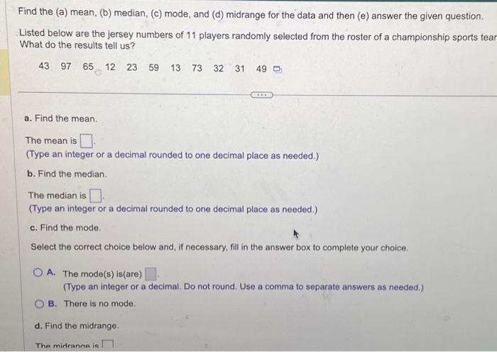 Solved Find the (a) mean, (b) median, (c) mode, and (d) | Chegg.com