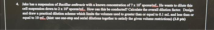 Solved 4. Jake has a suspension of Bacillus anthracks with a | Chegg.com