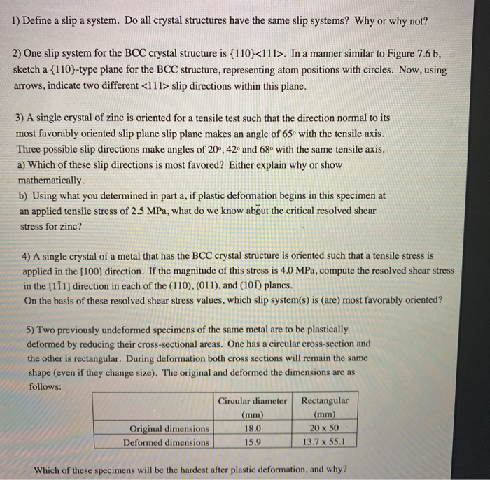 Solved 1) Define a slip a system. Do all crystal structures | Chegg.com Solved 1) Define a slip a system. Do all crystal structures | Chegg.com