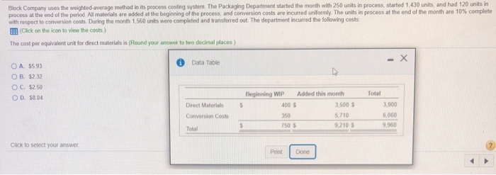 Solved Block Company uses the weighted average method in its | Chegg.com