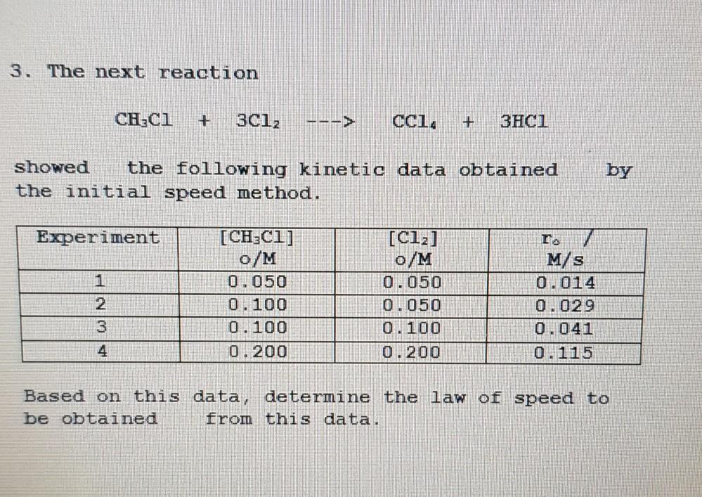Solved 3. The next reaction CH3Cl + 3C12 ---> Col, 3HCI by | Chegg.com