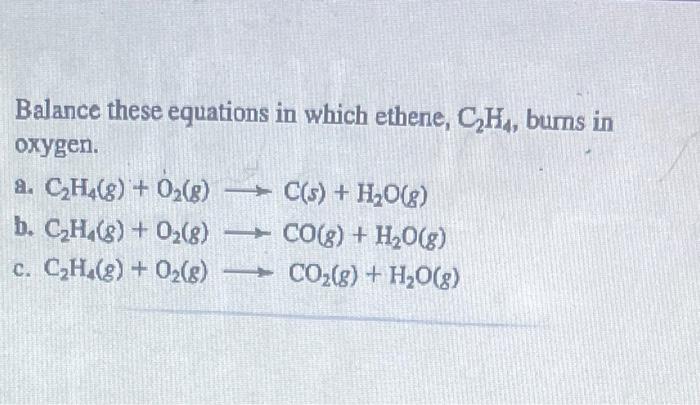 Solved Balance these equations in which ethene, C2H4, burns | Chegg.com