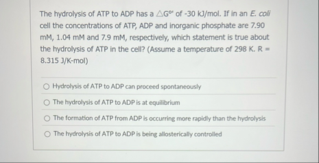 Solved The hydrolysis of ATP to ADP has a ????G° ﻿of | Chegg.com
