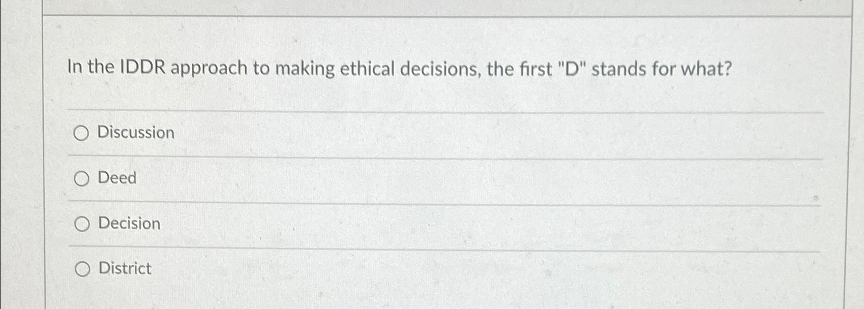 Solved In the IDDR approach to making ethical decisions, the | Chegg.com