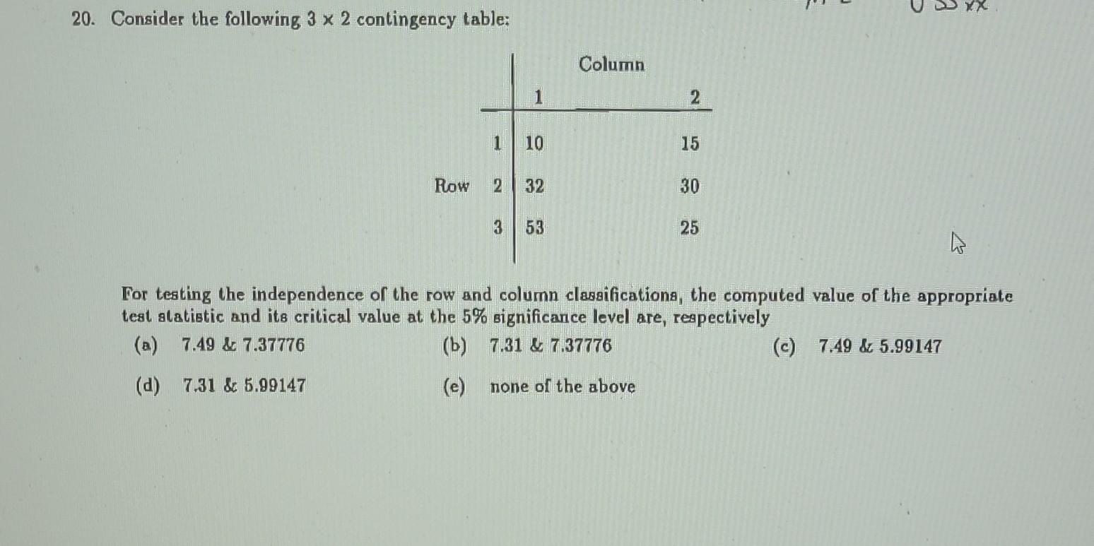 Solved 20. Consider the following 3×2 contingency table: For | Chegg.com