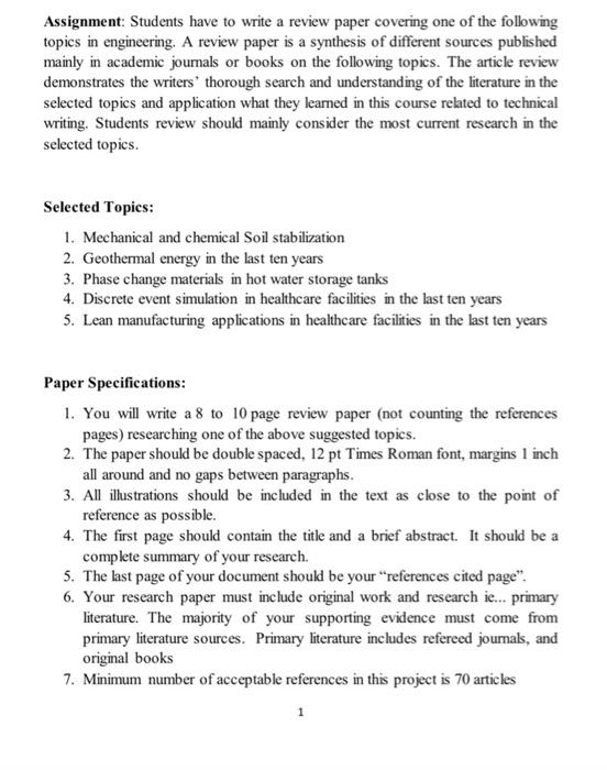 Assignment: Students have to write a review paper | Chegg.com
