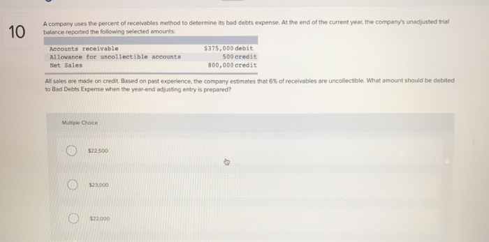 Solved 10 A company uses the percent of receivables method | Chegg.com