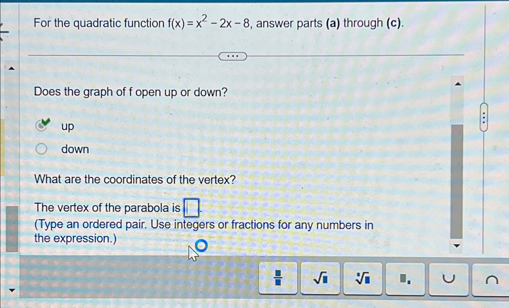 Solved For the quadratic function f(x)=x2-2x-8, ﻿answer | Chegg.com