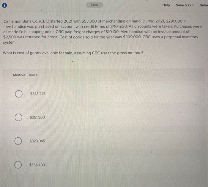 Solved Saved Help Save & Exit Subn Cinnamon Buns Co. (CBC) | Chegg.com