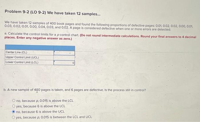 Solved Problem 9-2 (LO 9-2) We have taken 12 samples... We | Chegg.com