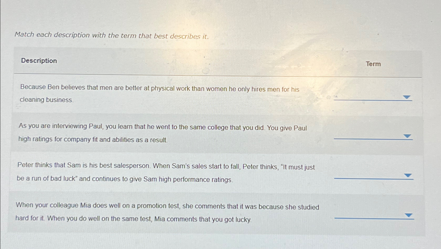 Solved Match each description with the term that best | Chegg.com
