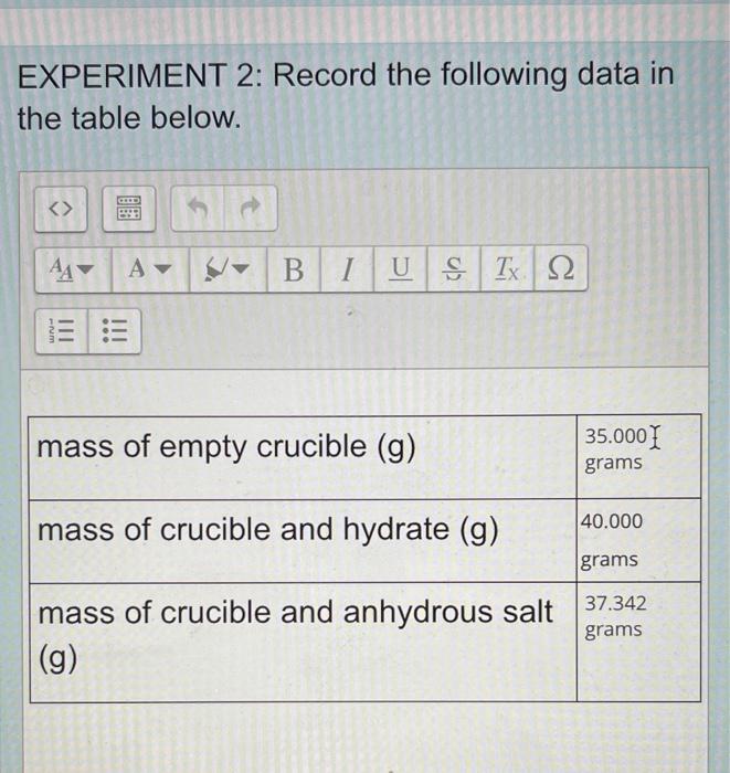 Solved EXPERIMENT 2: Perform the calculations and record the | Chegg.com