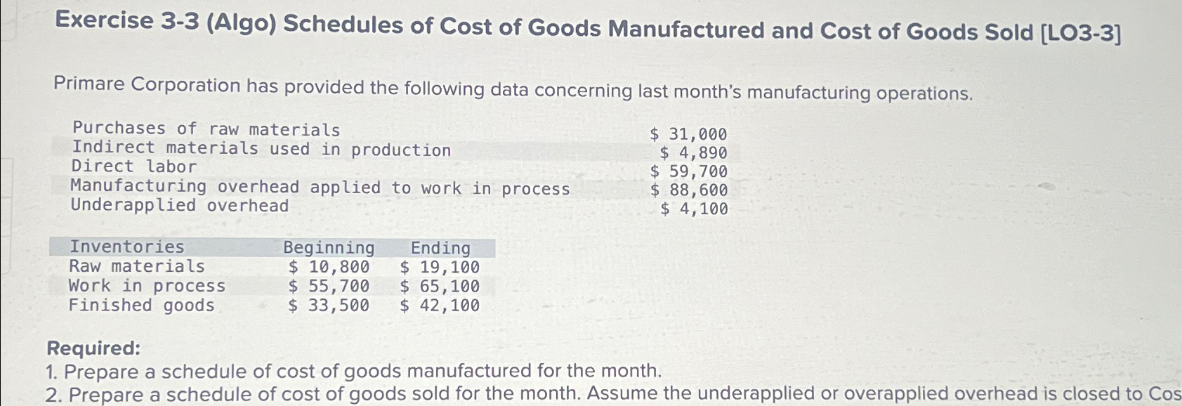Solved Exercise 3-3 (Algo) ﻿Schedules of Cost of Goods | Chegg.com